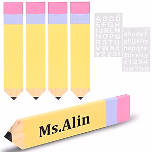 7 Pcs Personalized Pencil Teacher Name Plates and Letter Alphabet Number Template Large Teacher Appreciation Presents Blank Wooden Shaped Plaque Desk Sign Back to School Classroom Decor
