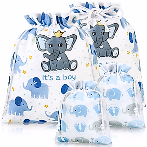 4 Pcs Large Baby Boy Shower Gift Bags Elephants Drawstring Fabric Bags 20 Inch Large 12 Inch Medium Reusable Treat Bags for Baby Shower Child's Birthday Gender Reveal Party (Elephant)