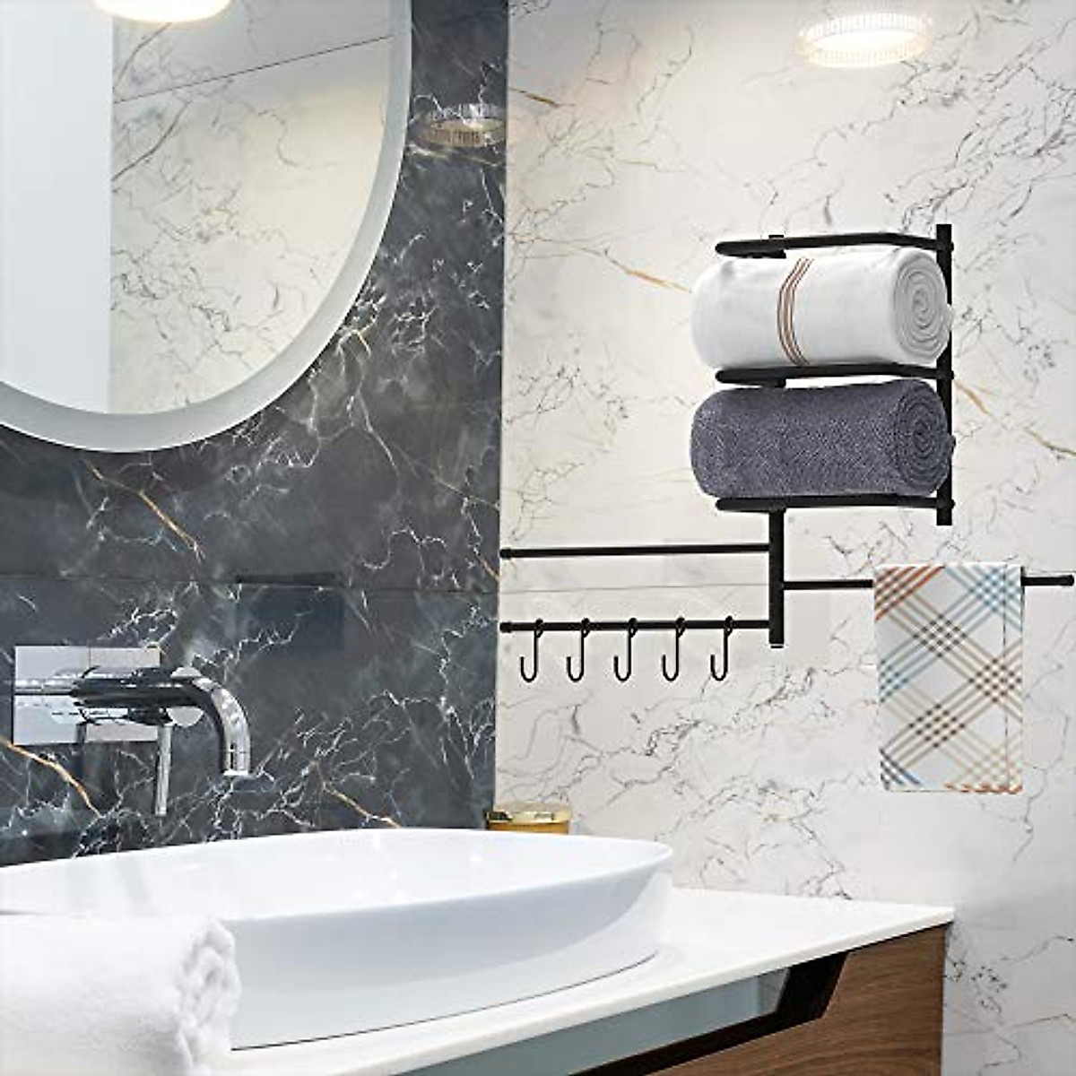 Towel Rack Holder&Organizer,Wall Mounted Metal Bathroom Towel Bar with 3 Swivel Arms 5 S-Hooks for Storage of Towels, Washcloths, Hand Towels