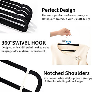 Velvet Hangers Non Slip - 20 Pack Pants Hangers for Closet - Thin Space Saving Clothes Hanger - Strong, Durable, Jean Hangers with 360 Degree Rotatable Hook, Tank Top Hangers (Black Silver Hook)