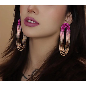 INLOLLY Pink Rhinestone Tassel Earrings for Women Sparkly Linear Fringe Crystal Dangle Earrings Long Shining Statement Dangling Chandelier Jewelry Fashion