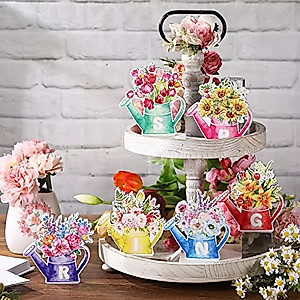 6 Pcs Spring Wooden Block Signs Spring Table Decor Watering Can and Flowers Wood Signs Rustic Farmhouse Spring Decor for Home Spring Table Centerpiece Wall Pediments for Home Farmhouse Tabletop