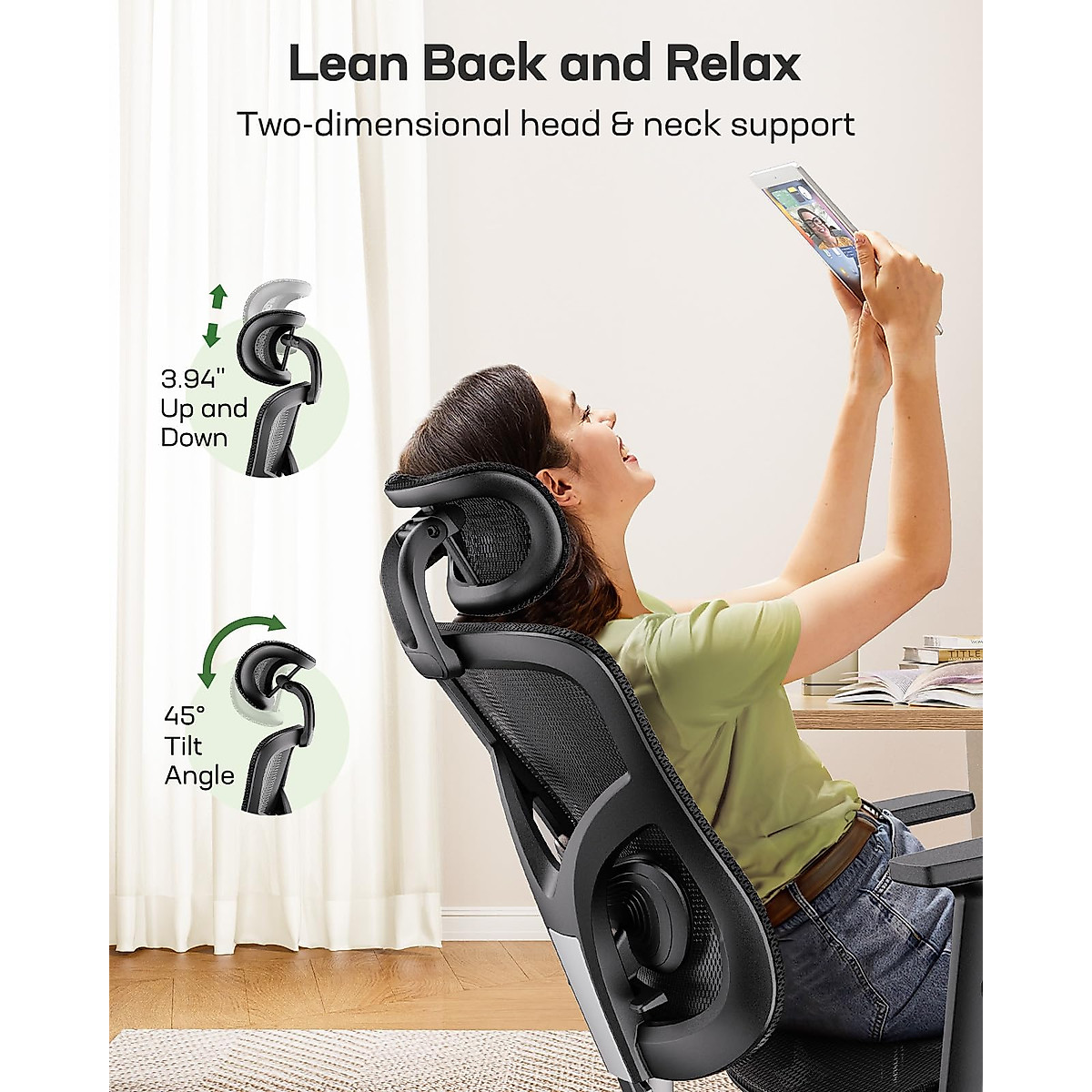 Marsail Ergonomic Mesh Office Chair: Mesh Computer Desk Chair with Adjustable Lumbar Support, 2D Headrest&2D Armrest, Ergonomic Gaming Chair for Home Office, Black