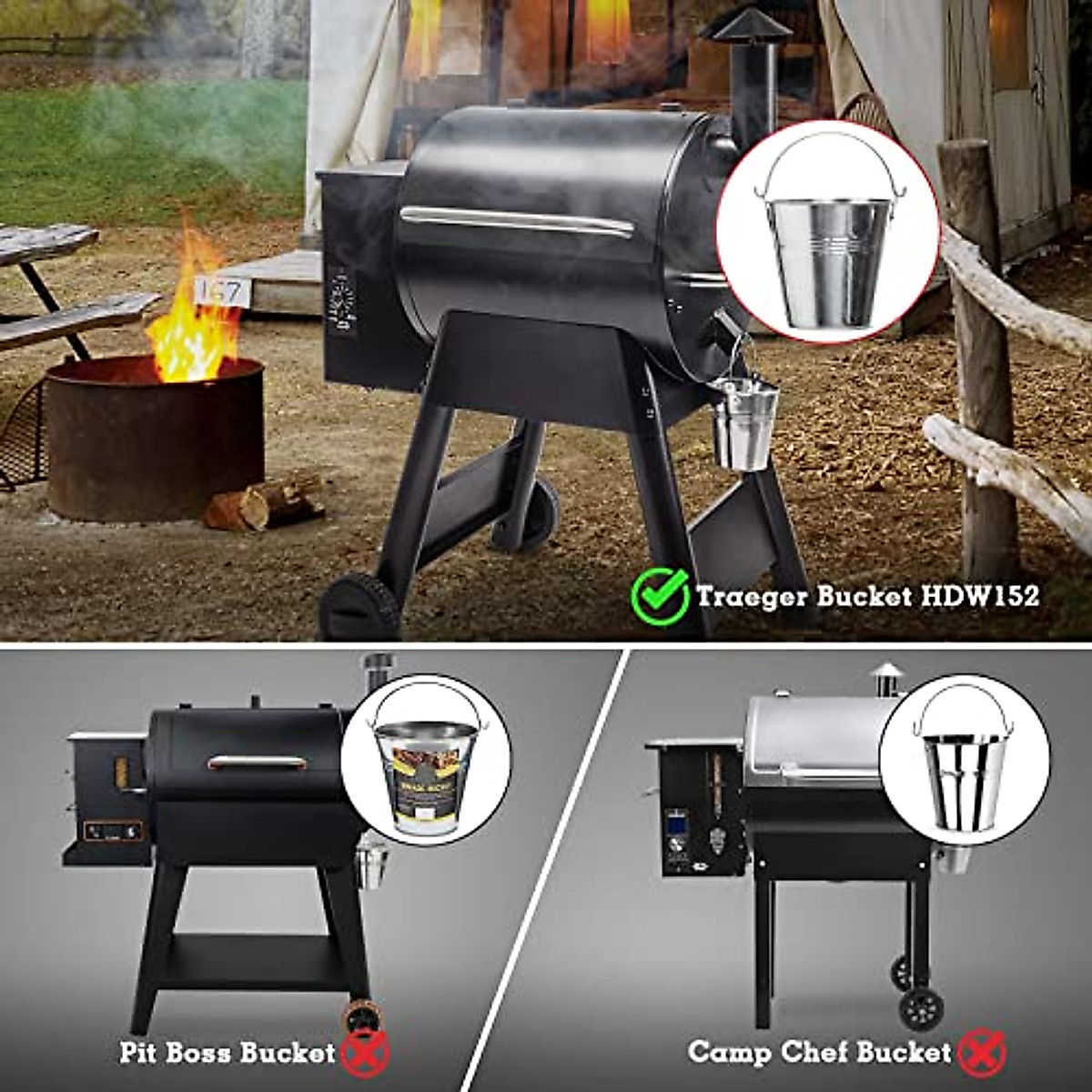 Entsong Grill Grease Drip Bucket with 10 Pack Grease Bucket Liners, Compatible with Traeger Smoker Grills/Oklahoma Joe's/Green Mountain Grill/Z Grill