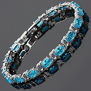 RIZILIA Tennis Bracelet & Oval Cut CZ [Simulated Aquamarine] in White Gold Plated, 7"