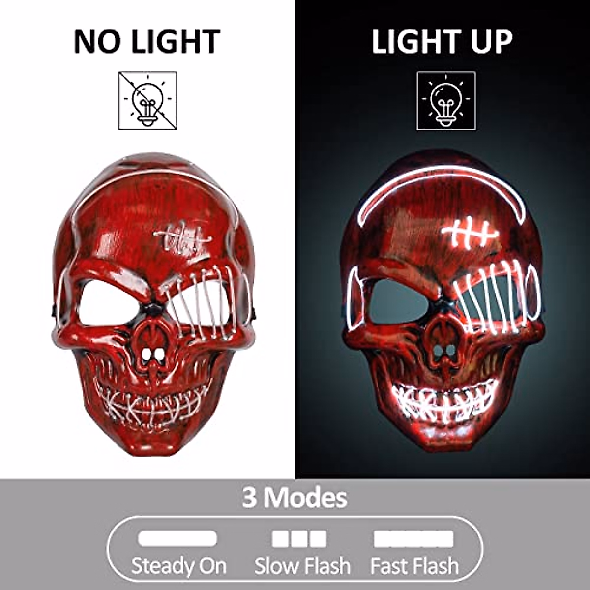 Halloween Mask - Scary Halloween Mask, Light up LED Mask with 3 Lighting Modes, Face Skull Mask for Halloween, Cosplay, Costume, Party, Festival, Purge, Carnival, Gifts - White