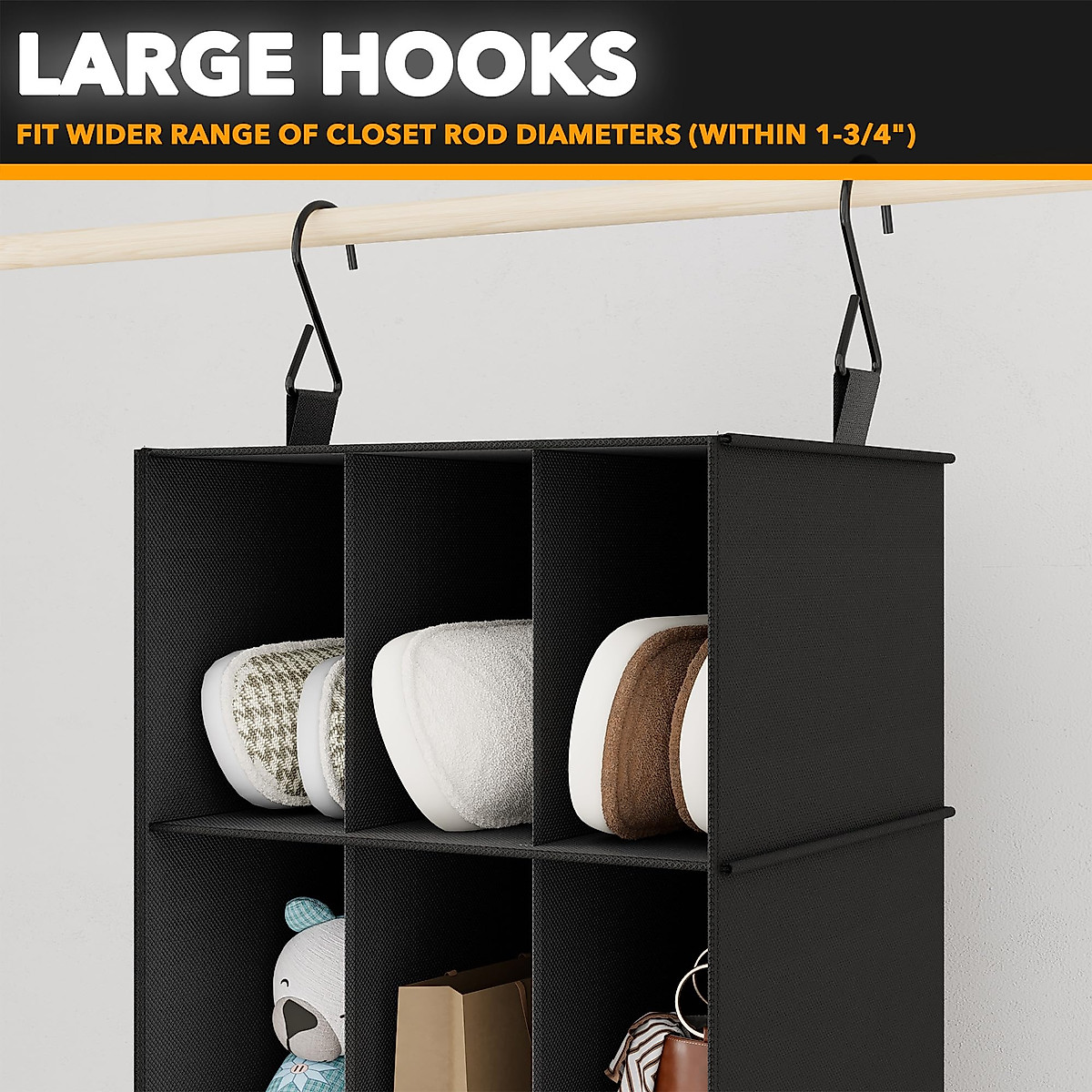 SpaceAid 2 Pack Hanging Closet Organizer and Storage with Dividers, 24 Compartments Hanging Shoe Shelves for Closet, Wardrobe, RV, Garment Rack - Black