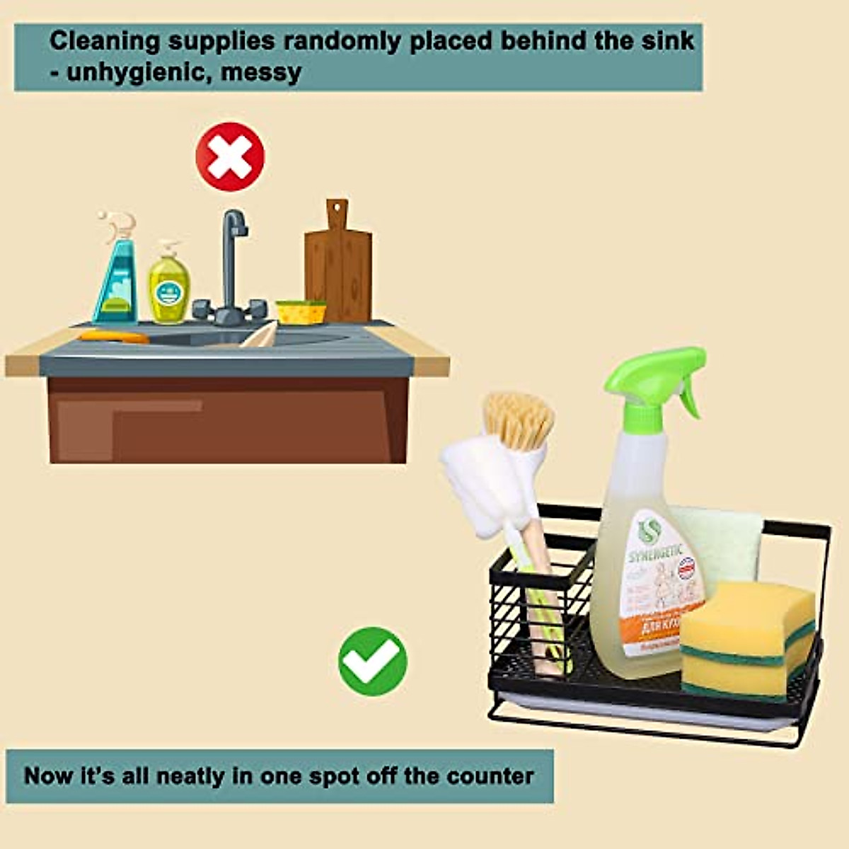 Homeve Kitchen Sink Caddy Organizer, Dishcloth Holder, Removable Drain Pan, Sponge, Brush Holder Rack, Bathroom Storage Organization on The countertop Stainless Steel Rustproo, Black-1 Pack