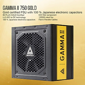 Montech Gamma II Series 750 Watt 80+ Gold Certified Power Supply, LLC+DC to DC Technology, Full Japanese Capacitors, 120mm Silent Fan, Flat Cables