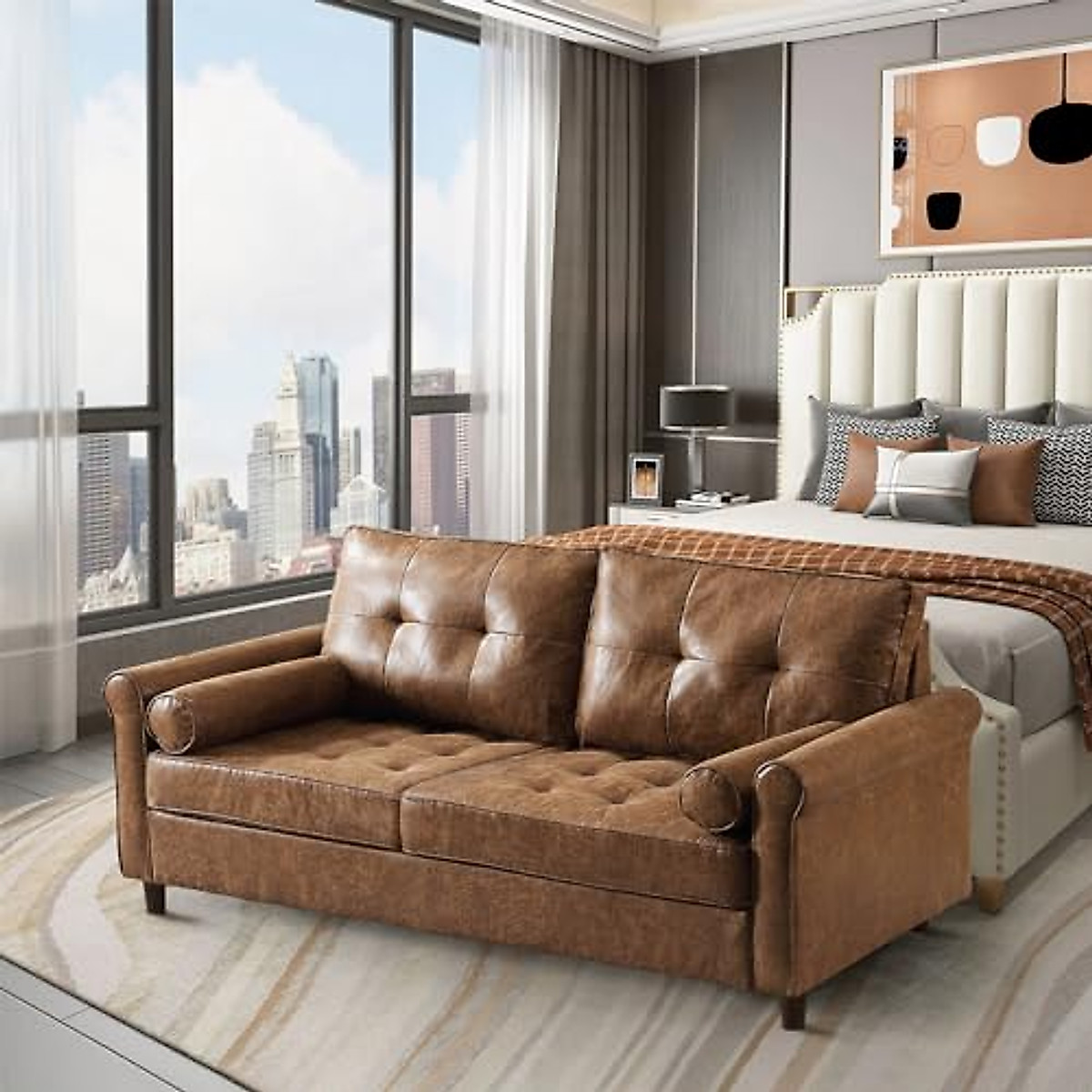 JEEOHEY Small Couch, 64 Inch Mid-Century Modern Faux Leather Upholstered Loveseat Sofa Furniture for Small Space, Living Room, Bedroom, 2 Throw Pillows, Rolled Arm, Comfy Seat & Back Cushion, Brown