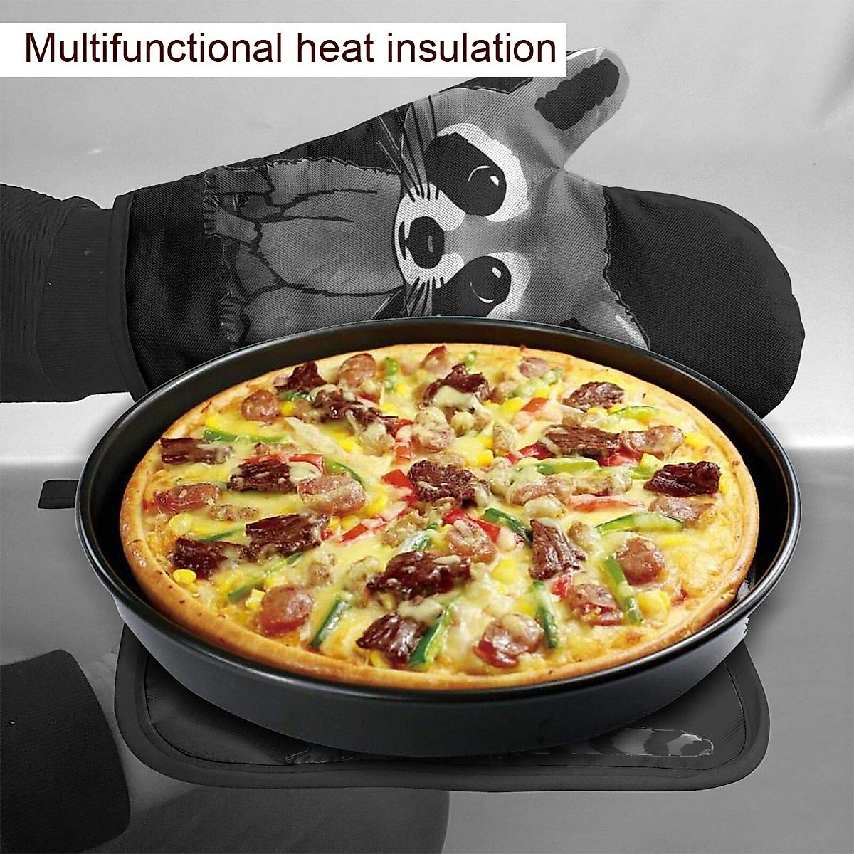 VGFJHNDF Cartoon Cute Raccoon Oven Mitts and Pot Holders Set,Heat Non-Slip Resistant Waterproof Gloves for Kitchen Cooking Baking,BBQ,Grilling