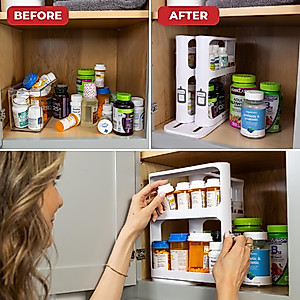 Cabinet Caddy (White) | Pull-and-Rotate Spice Rack Organizer | 2 Double-Decker Shelves | Modular Design | Non-Skid Base | Stores Prescriptions, Essential Oils | 10.8"H x 5.75"W x 10.8"D
