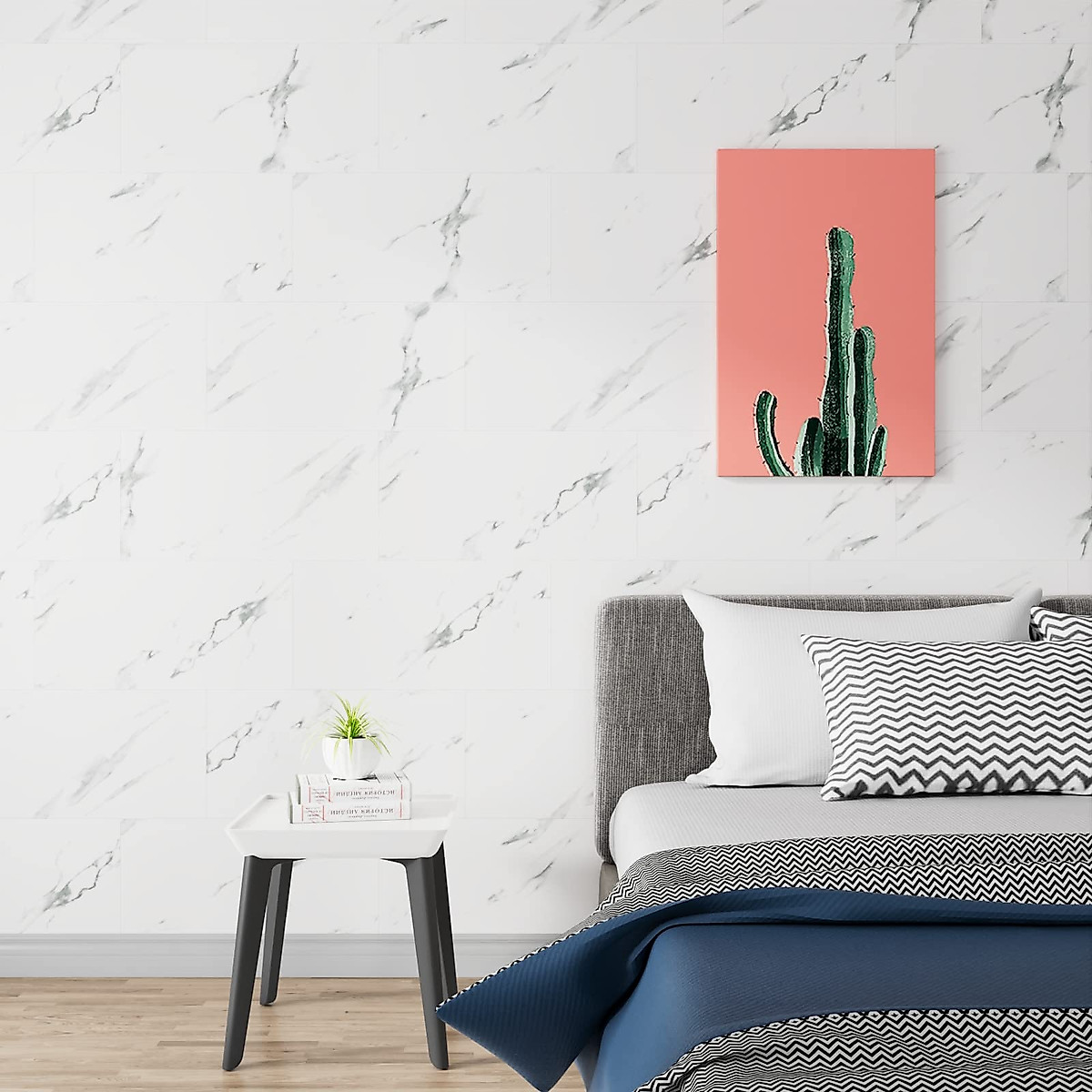 Stickyart 15-Piece White Peel and Stick Marble Vinyl Flooring for Bathroom Waterproof 12"x24" Self Adhesive Marble Floor Tile Stickers Peel and Stick Flooring for Kitchen Bedroom Laundry