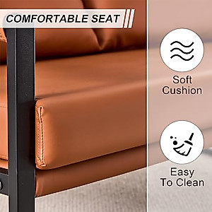 RIGHTPARTS Modern Two-Seater Sofa Chair, Living Room Sofa with 2 Pillows,PU Leather Sofa Bed, High-Density Foam, Black Coated Metal Frame,Brown