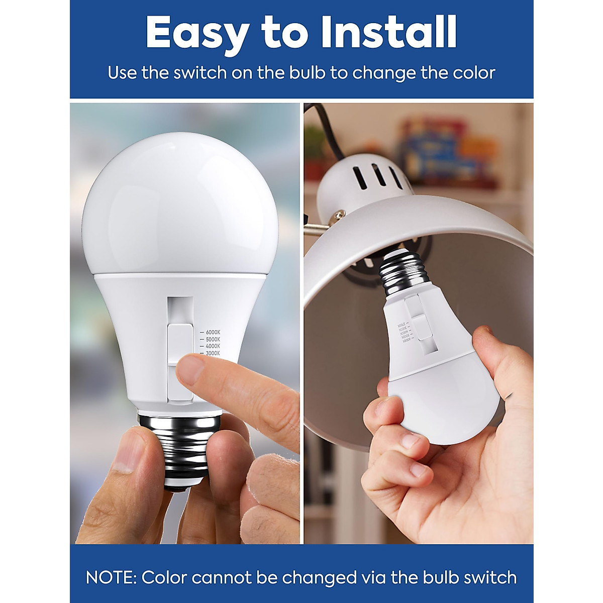 Nouscan Adjustable Light Bulb, 100W Equivalent, 5CCT A19 LED Light Bulb, E26 Base, 2700K 3000K 4000K 5000K 6000K, 1200LM, 13W E26 Medium Base Standard Light Bulb for Bedroom, Living Room, 4 Pack