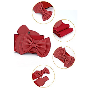Allegra K Women Bowtie Ornament Press Stud Button Elastic Waist Cinch Belt one size Red