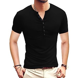 YTD Mens Casual Slim Fit Basic Henley Short Sleeve Fashion Summer T-Shirt XL Black