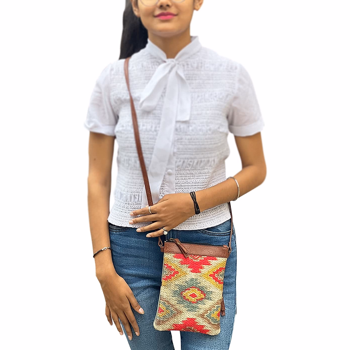 Mona B Canvas Handbag for Women | Zipper Bag | Crossbody Bag | Stylish Vintage Recycled Upcyled Bags Women (Brown-Sloane)