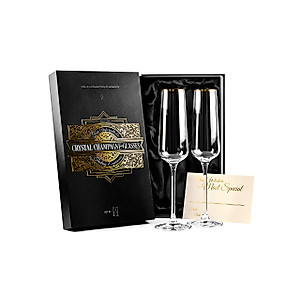 Gold Rim Champagne Gift Glasses | Set of 2 | Crystal Square Toasting Flutes for Bride and Groom, Wedding, Anniversary, Birthday | Elegant Long Stemmed Glassware for Sparkling Wine, Prosecco