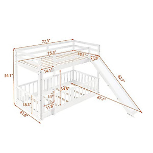 FIQHOME Twin Over Twin Bunk Bed with Slide and Ladder,Floor Bunk Bed for Kids Toddlers, Wood Low Bunk Beds Frame with Ladder and Fence for Boys Girls Teens,White