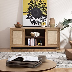 SICOTAS Rattan TV Stand for 65 Inch TV: 26" Tall TV Console with Storage Cabinet and Adjustable Shelf, 59" Boho Entertainment Center, Media Console, Modern Wood TV Stands for Living Room, Bedroom, Oak