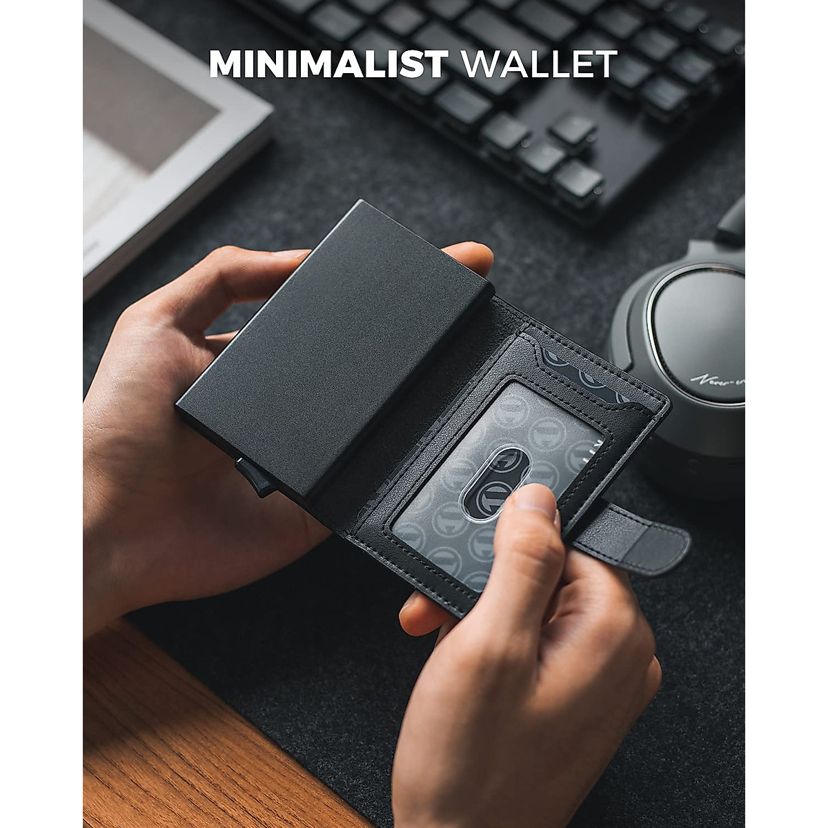 VULKIT Pop up Wallet Credit Card Holder with Leather Slots RFID Blocking Slim Metal Card Case for Men or Women(Black)