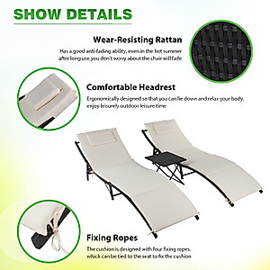 PayLessHere Patio Chaise Lounge Set of 3 Adjustable Back Outdoor Lounge Chair Folding Wicker Recliner Chair 2 Pieces Outside Chairs with Folding Table and Khaki Cushioned for Poolside Deck Lawn Beach