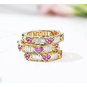 HUKQBUNX 18K Gold Peach Heart Wreath Ring Amethyst CZ Square Crystal Zircon Diamond Ring Women's Precious Fashion Wedding Engagement Couple Ring Size 6-10 (Size 7)