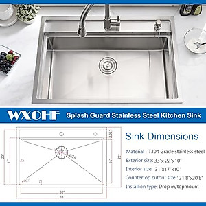 33 inch Drop in Kitchen Sink Splash Guard Workstation - Top Mount Sink 16 Gauge Stainless Steel Large Sink Single Bowl with Cutting Board and Accessories