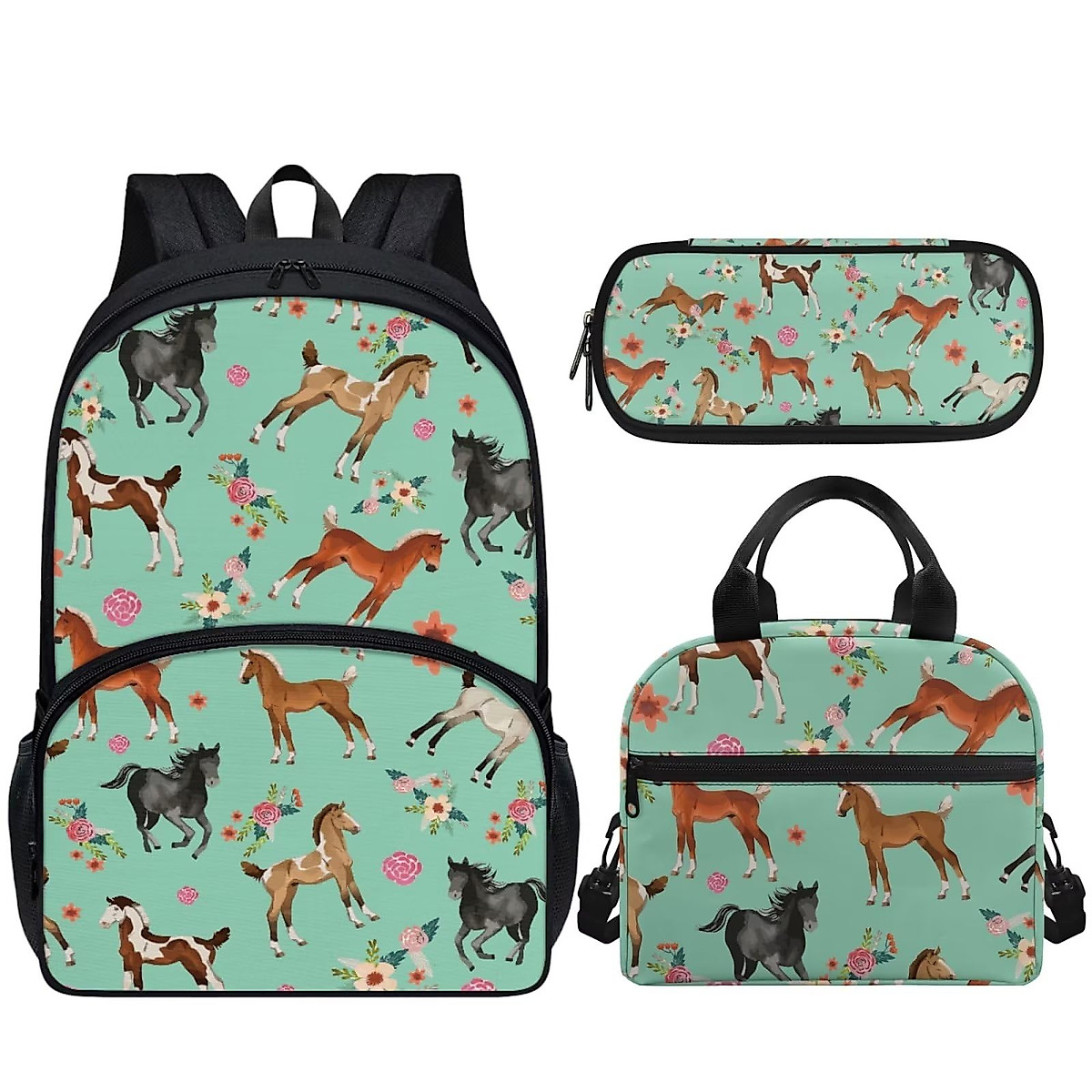 Parprinty Cute Girls Backpack with Lunch Box Pencil Case Multi Pockets Large Green Floral Horse School Backpack and Lunch Bag Set for Girls Student Lightweight Basic Comfy Book Bag 17 Inch