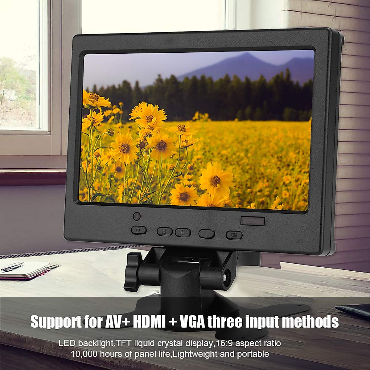 7 inch LCD Monitor, 16:9 800:1 1024x600 250cd/m² LED Backlight Widescreen 1080P HD Monitor Mini Screen w/Speaker,Support HDMI/VGA/AV,for/Car Display/CCTV(US)