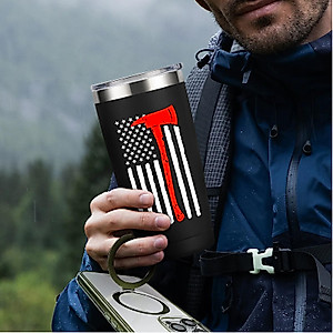 KIKERRO Thin Red Line Firefighter Gifts for Men, Fireman, Fire Fighter Department Team Essentials Coffee Mug Cup - 20oz Insulated Stainless Steel Tumbler, Black