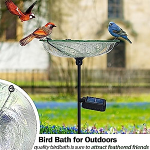 SUBOLO Bird Bath for Outdoors Solar Powered Glass Bird Bath Bowl with Metal Stake for Yard Lawn Garden Decorations, Transparent