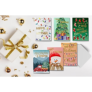 Better Office Products 50 Pack Christmas Cards Set with Gold Foil Accents, 4" x 6", Fun & Festive Designs, Blank Inside, Boxed Set
