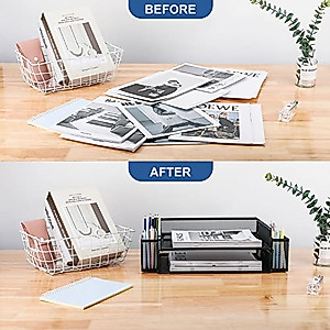 ProAid Paper Letter Tray Organizer with 2 Pen Holders, 2 Tier Stackable Desktop File Organizer, Mesh Office Supplies Desk Organizer, Black