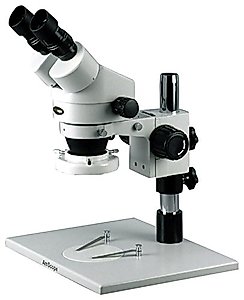AmScope SM-1BZ-FRL Professional Binocular Stereo Zoom Microscope, WH10x Eyepieces, 3.5x-90x Magnification, 0.7X-4.5X Zoom Objective, Fluorescent Ring Light, Large Table Pillar Stand, 110V-240V, Includes 0.5x and 2.0x Barlow Lenses