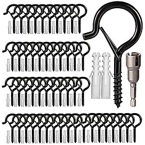 Hooks for Outdoor String Lights, 52 Pack Screw Hooks for Hanging Plants Led Party Lights Garage Wind Chimes, Black Heavy Duty Q Hanger Ceiling Cup Hooks with Safety Buckle, Box and Wing Nut Driver