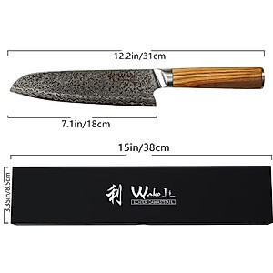 Wakoli Santoku Knife, 7-inch Blade Damascus Chef Knife made from 67 Layers of Damascus Steel with VG10 Core, Sharp Kitchen Knives with Olive Wood Handle, Meat Knife for All Tasks in Gift Box (Oribu)