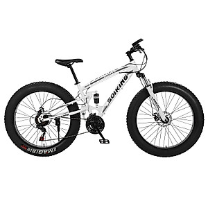 Fat Tire Mountain Bike, 26'' 21 Speed Outdoor Snow Beach Hybrid MTB Racing Bikes for Adult Women Men, Comfort Complete Cruiser Bicycle, Lightweight City Commuter Road Cycling, Dual Disc Brakes (F)