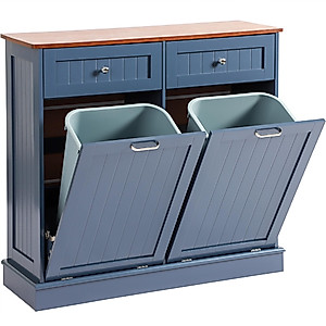 LOUVIXA Tilt Out Trash Can Cabinet with Double Hidden Trash Bin Holder, Kitchen Free Standing Recycling Cabinet,Dog Proof Trash Can,Wood, Blue