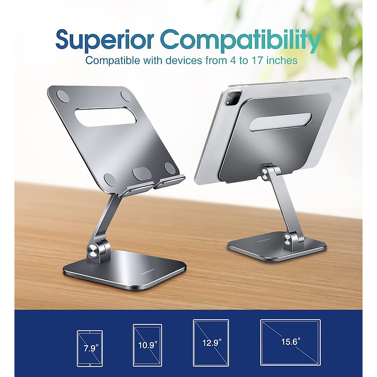 elitehood Aluminum iPad Pro 12.9 Stand, Adjustable iPad Stand Holder for Desk, Large Back Portable Monitor Stand, Tablet Stand Compatible with 15.6’’ Monitor, iPad Pro 12.9, iPad Air Mini 6 5