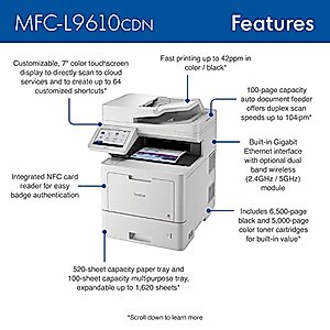 Brother MFC‐L9610CDN Enterprise Color Laser All‐in‐One Printer with Fast Printing, Large Paper Capacity, and Advanced Security Features