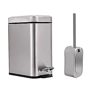 Camtcher Slim Trash Can and Toilet Brush Combo, Stainless Steel, 1.3 Gallon / 5 Liter, Rectangle Step Small Trash Can, Soft Close, Removable Plastic Bucket (1.3 Gallons and Toilet Brush)