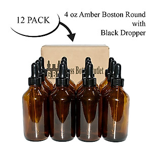 (Pack of 12) 4 oz. Amber Boston Round with Black Glass Dropper