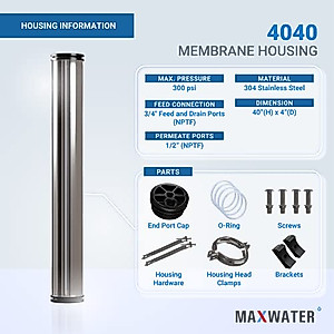 Max Water - Stainless Steel, Heavy Duty - Reverse Osmosis 4040 Membrane Housing - 4" x 40" good for industrial use - 4040 housing