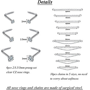 PunkTracker 20G Nose Rings 2mm 2.5mm 3mm CZ Nose Studs with Chain Surgical Steel Nose Piercing Jewelry Nose Ring Studs