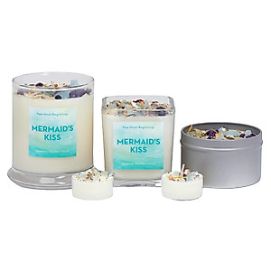 Mermaid's Kiss Candle by New Moon Beginnings - Ocean Candle - Mermaid Candle - Dried Flower, Herb, & Crystal Candles - All Natural Soy Candle - Sweet & Citrus - 8oz Tin