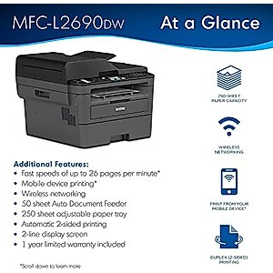 Brother MFC L26 Series All-in-One Laser Printer, Print, Copy, Scan, Fax - 26 ppm, 2400 x 600 dpi, 250 Sheets, Wireless, Mobile Printing, Auto 2-Sided Printing, with MTC Printer Cable