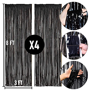 Dazzle Bright Backdrop Curtain, 3FT x 8FT Metallic Tinsel Foil Fringe Curtains Photo Booth Background for Baby Shower Party Birthday Wedding Engagement Bridal Shower (4, Black)