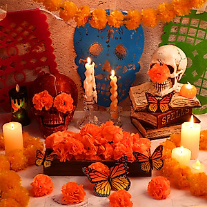 Riceshoot 79 Pcs Day of the Dead Decoration, 16.4 ft 9 Mexican Party Banners 4 Pcs Artificial Marigold Garland 24 Pcs Monarch Butterfly Decorations 50 Pcs Marigold Flower Heads for Dia De Los Muertos
